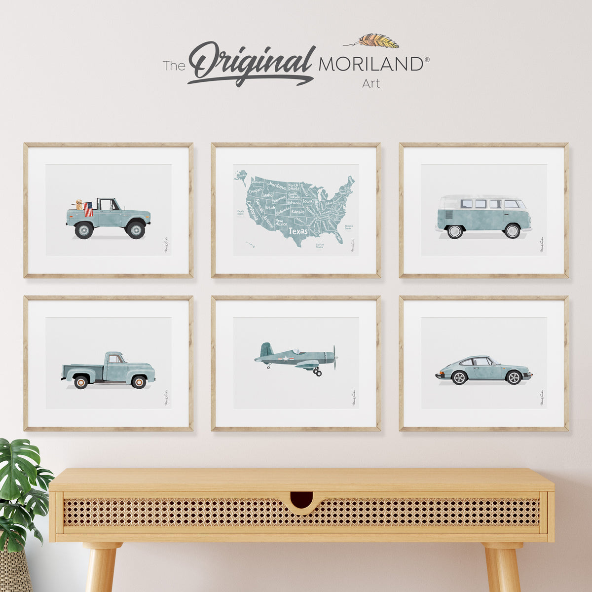 Pale Blue US Map & Cars Art Prints - Printable Set of 6 - LAND159 ...